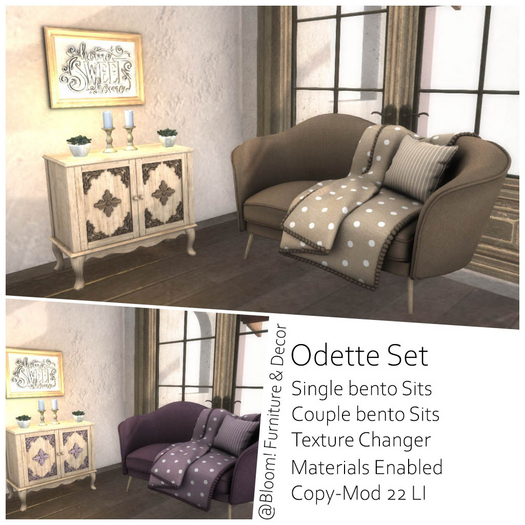 Second Life Marketplace - Sofa | Cabinet | Texture Changer | Odette Set - 3 texture options
